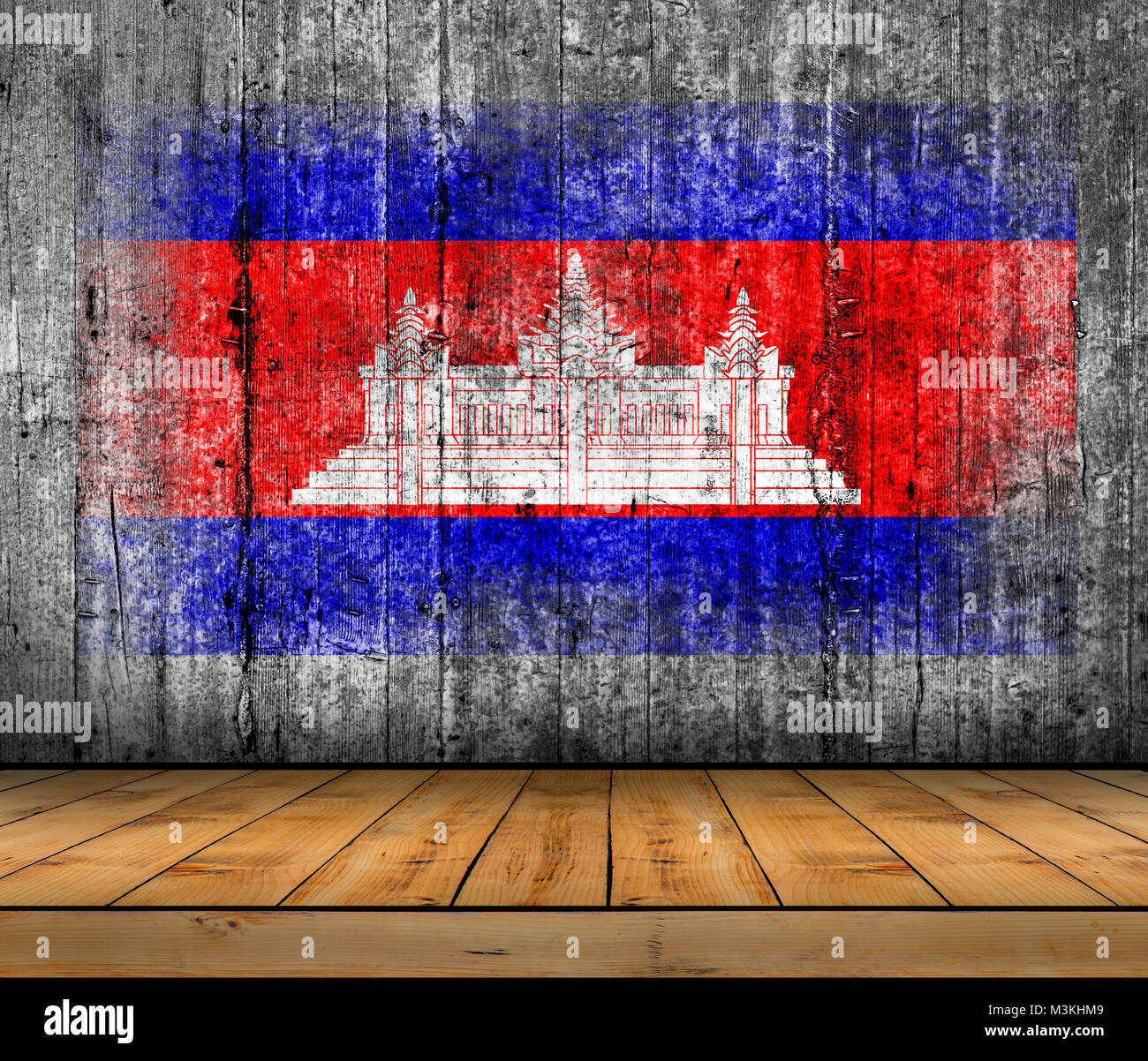 Cambodia flag painted on background texture gray concrete with wooden ...