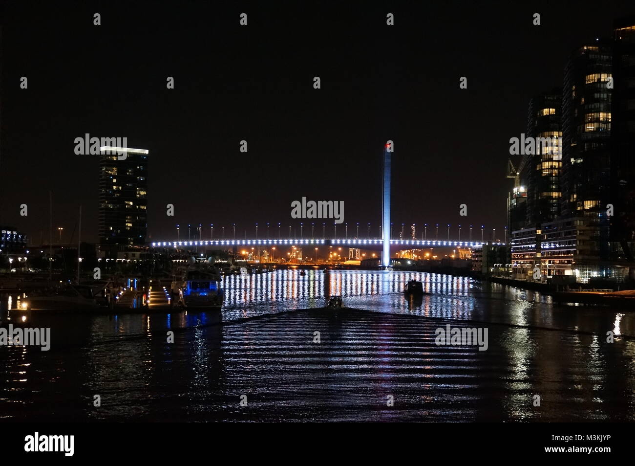 Boats on Melbourne river at night with red eyed tower Stock Photo - Alamy