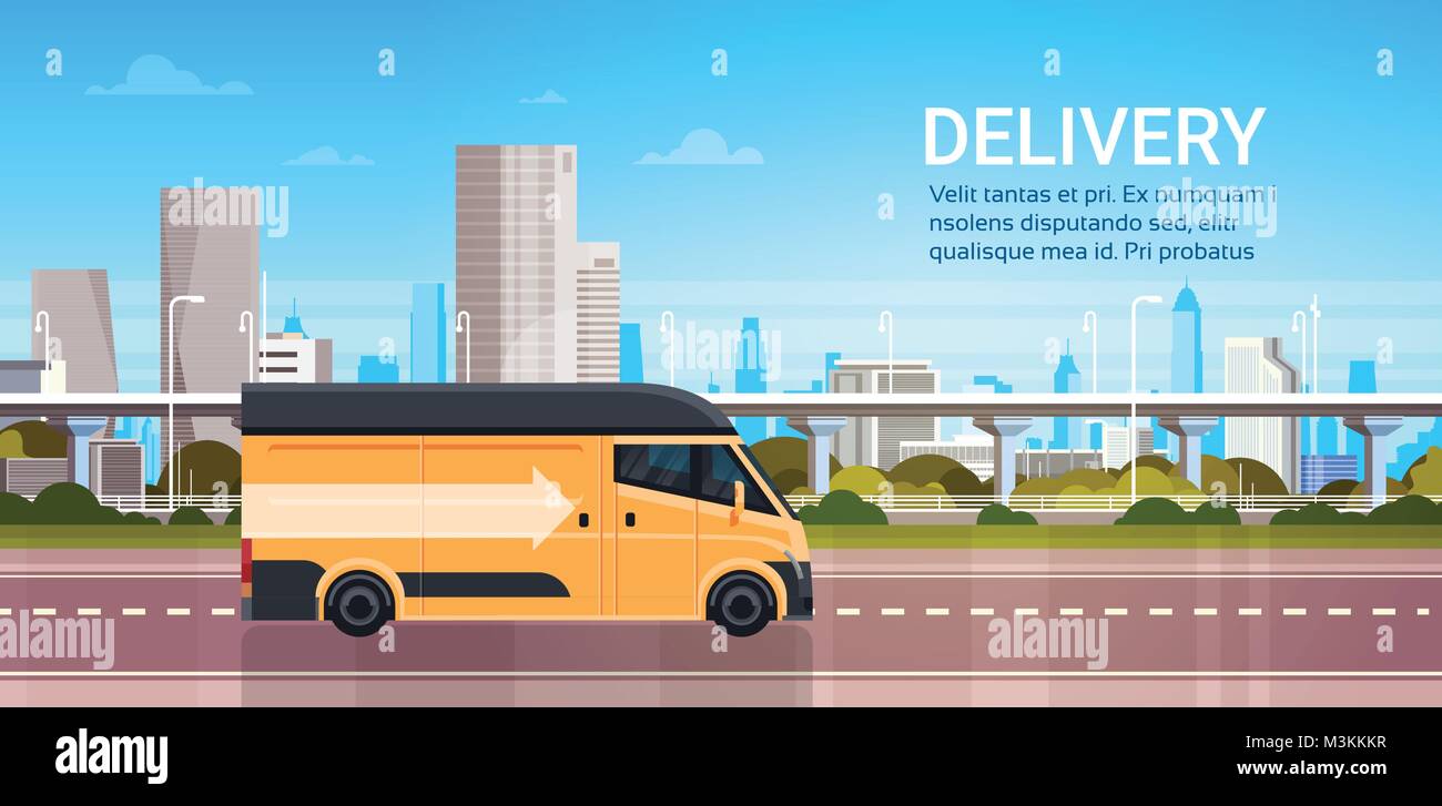 Delivery Truck Over Modern City Background On Road, Product Goods ...