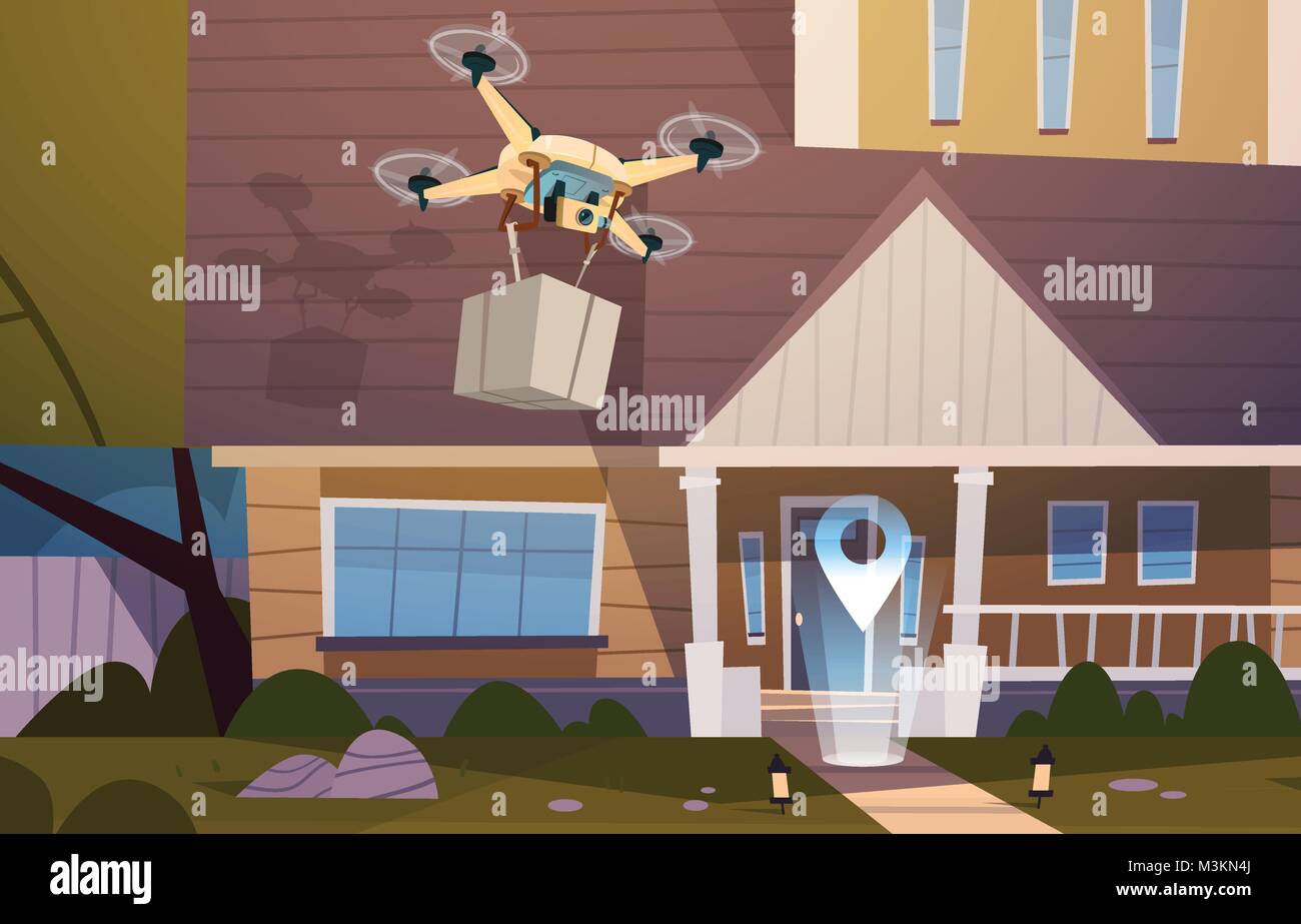 Modern Drone Fly Over House Building With Box, Air Transportation And ...