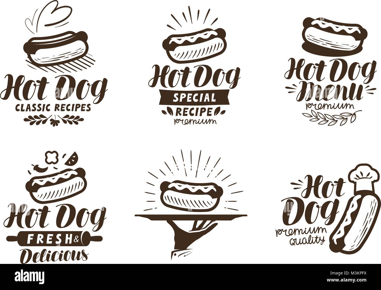 Hot dog logo or label. Fast food, takeaway icon. Lettering vector ...