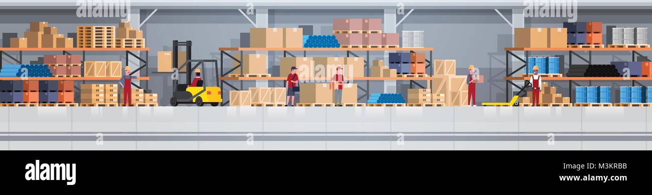 Warehouse Interior Box On Rack And People Working. Logistic Delivery ...