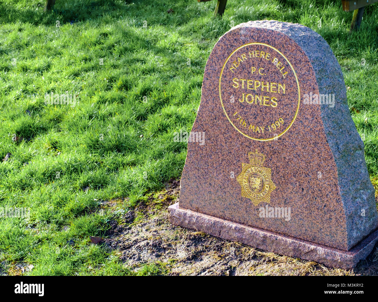 The Memorial stone for PC Stephen Jones outside the Severn Bridge ...