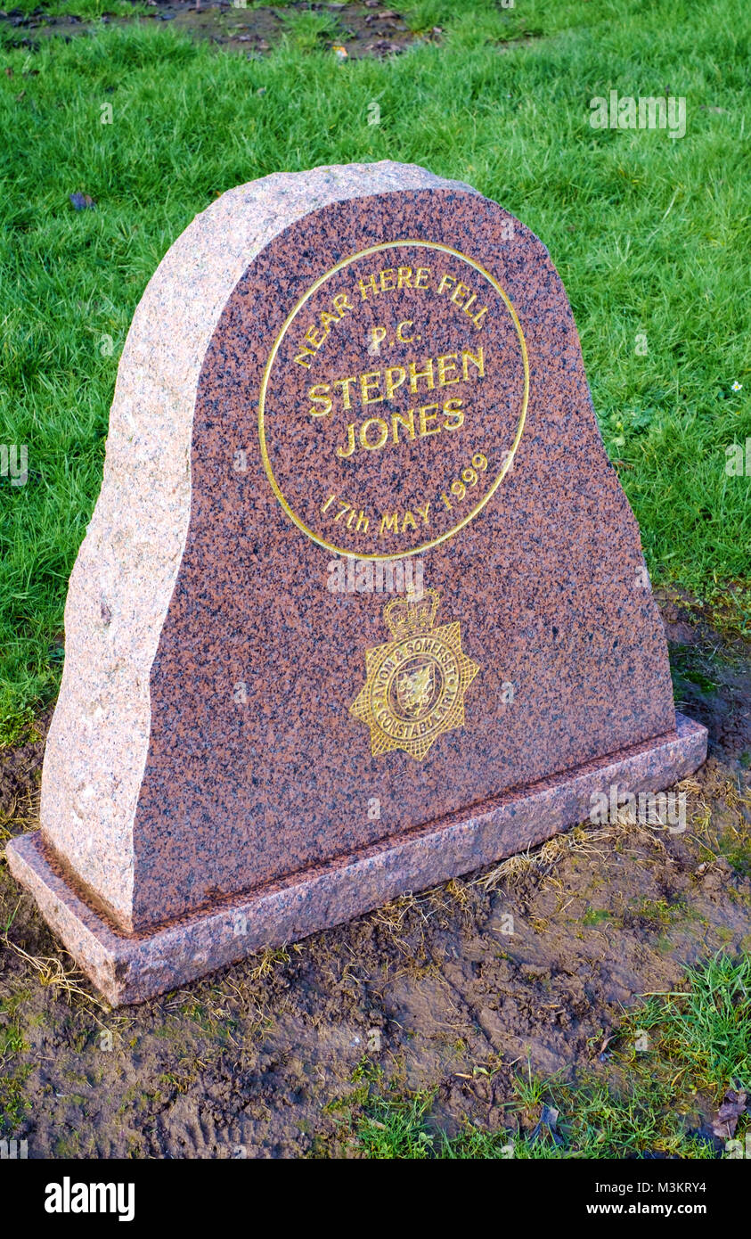 The Memorial stone for PC Stephen Jones outside the Severn Bridge ...