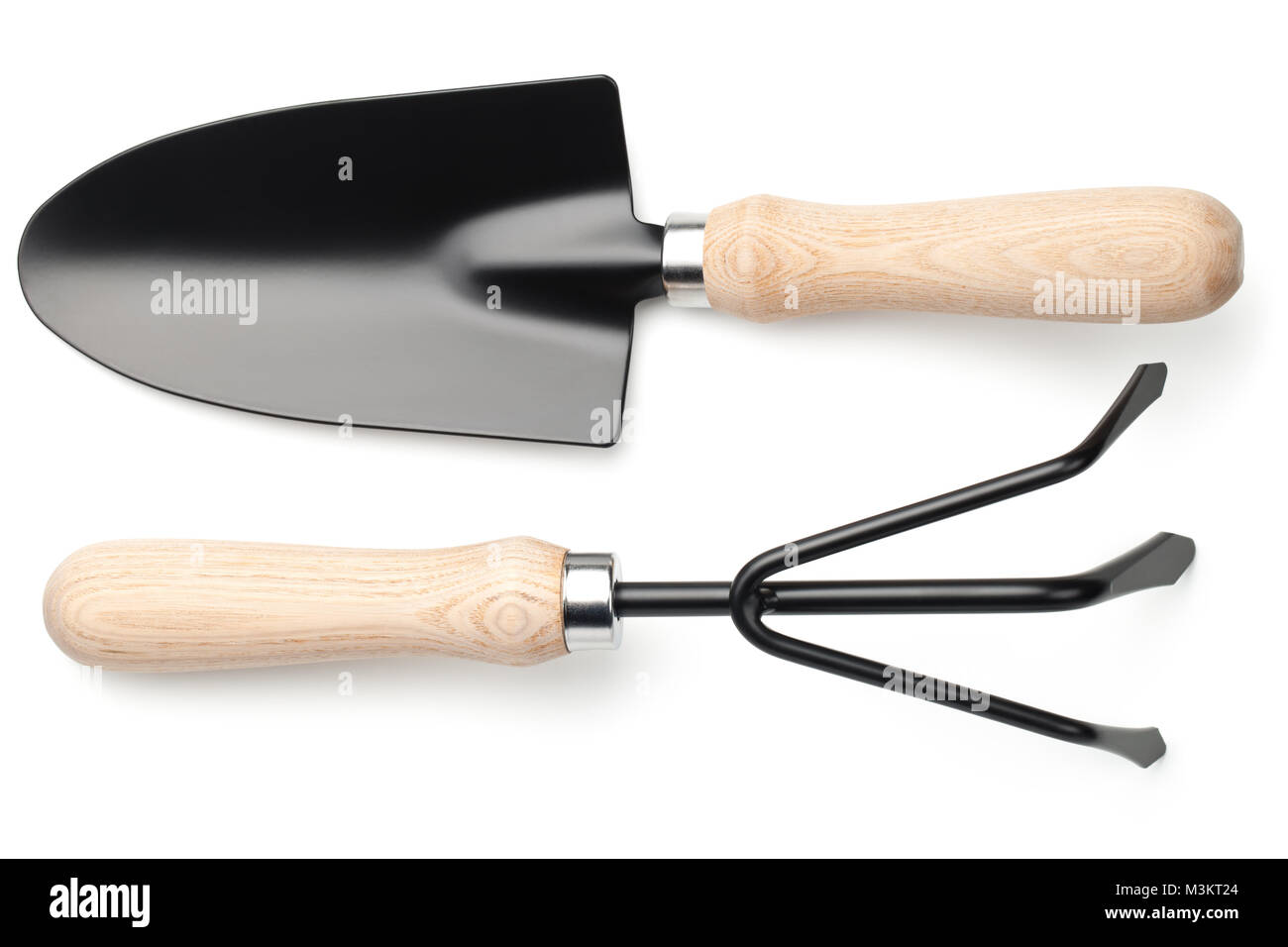 Garden shovel and rake isolated on white background. Top view Stock ...