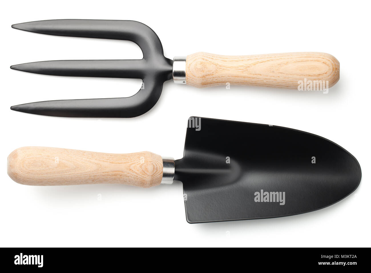 Garden shovel and fork isolated on white background. Top view Stock ...