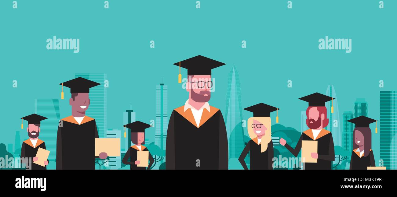 Group Of Mix Race Students In Graduation Cap And Gown Hold Diploma Over ...