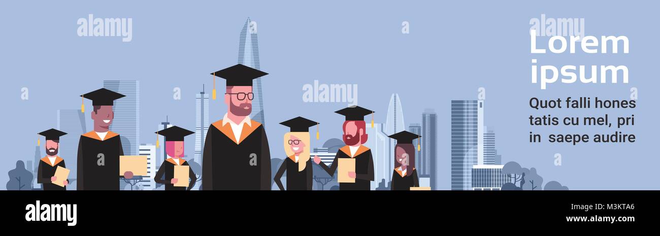 Graduation Concept Group Of Mix Race Students In Cap And Gown Hold ...