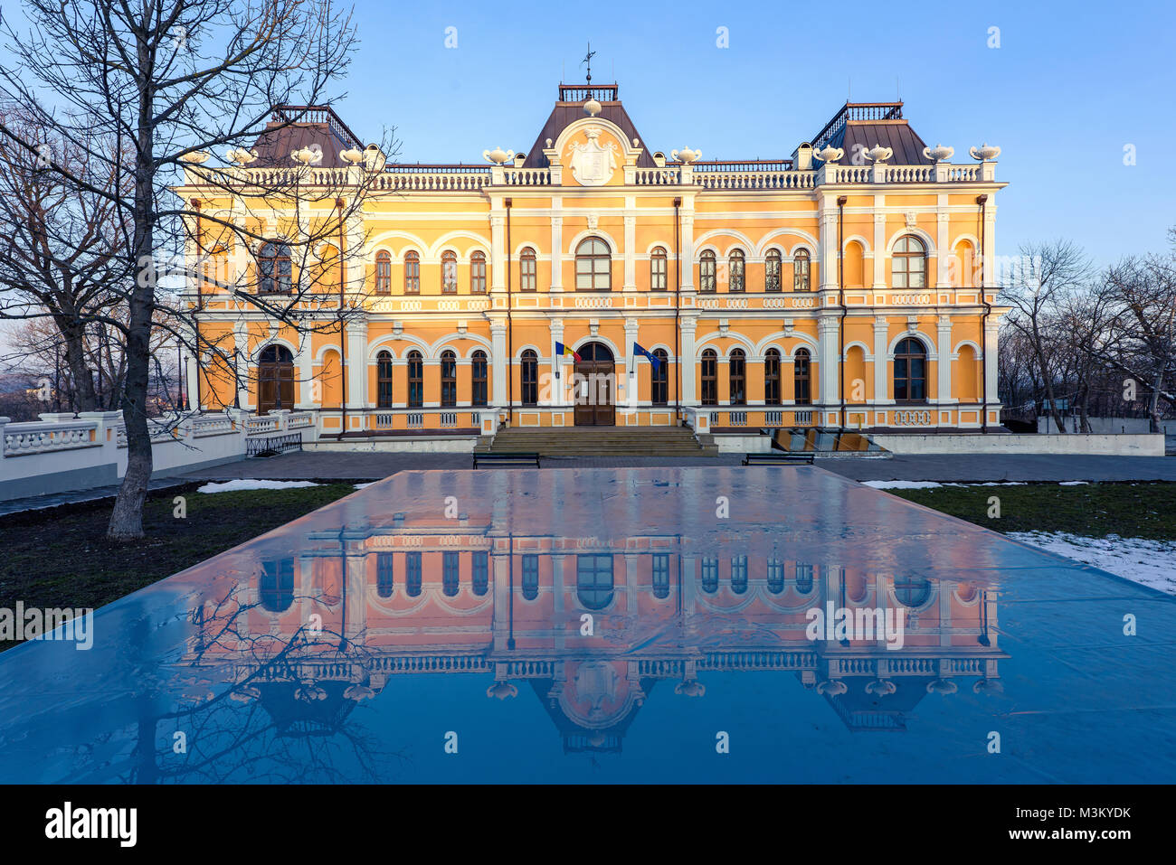 Manuc Bei mansion and winery with reflection in winter with snow ...