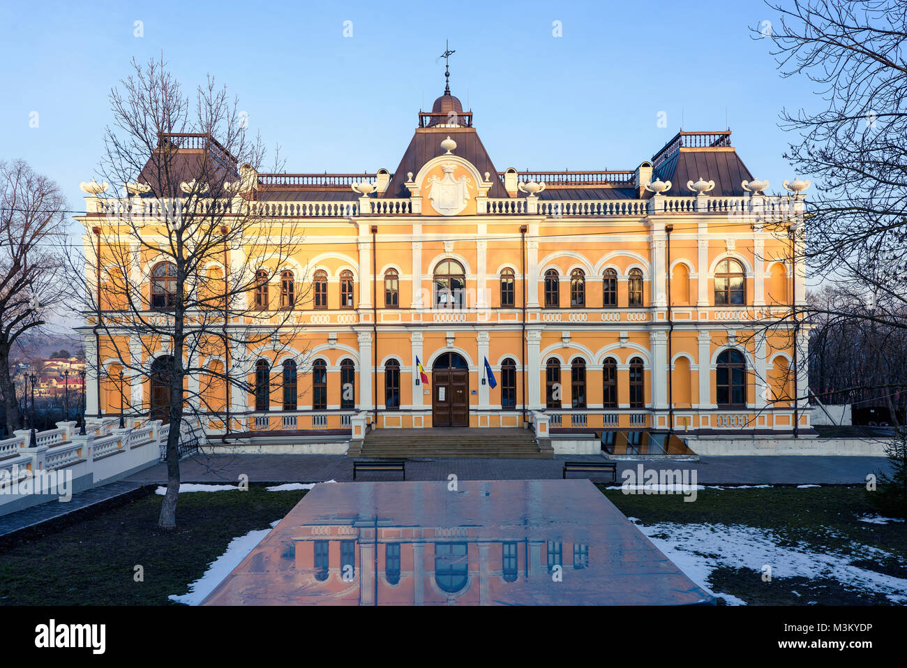 Manuc Bei mansion and winery with reflection in winter with snow ...