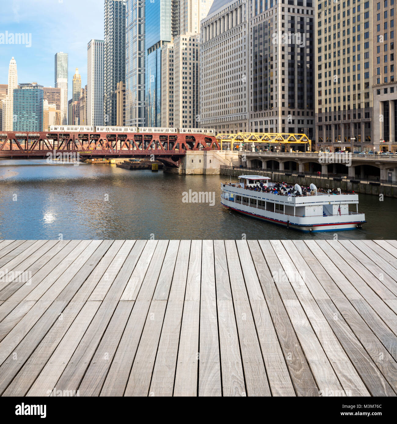 City of Chicago downtown and River with wooden terrace Stock Photo - Alamy