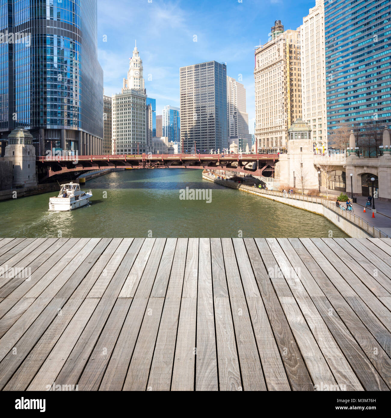City of Chicago downtown and River with wooden terrace Stock Photo - Alamy