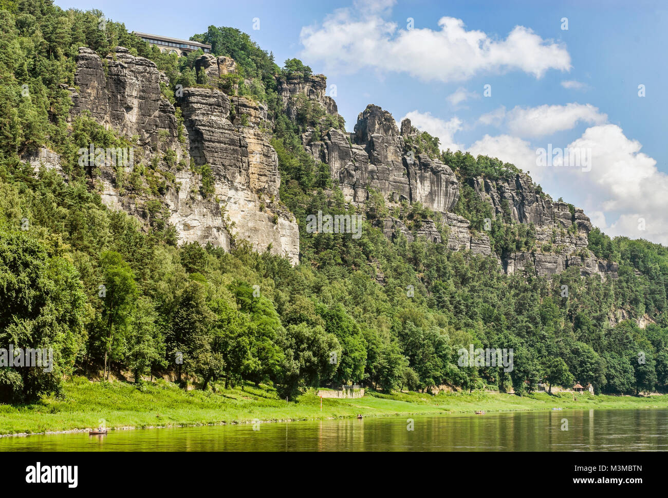 Bastei rock formation seen from the Elbe River, Saxon Swiss, Saxony ...