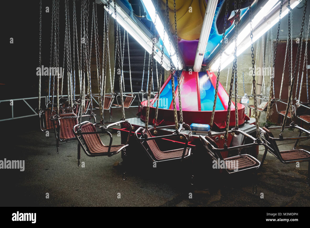 Empty children carousel in a local funfair. Landscape format Stock ...
