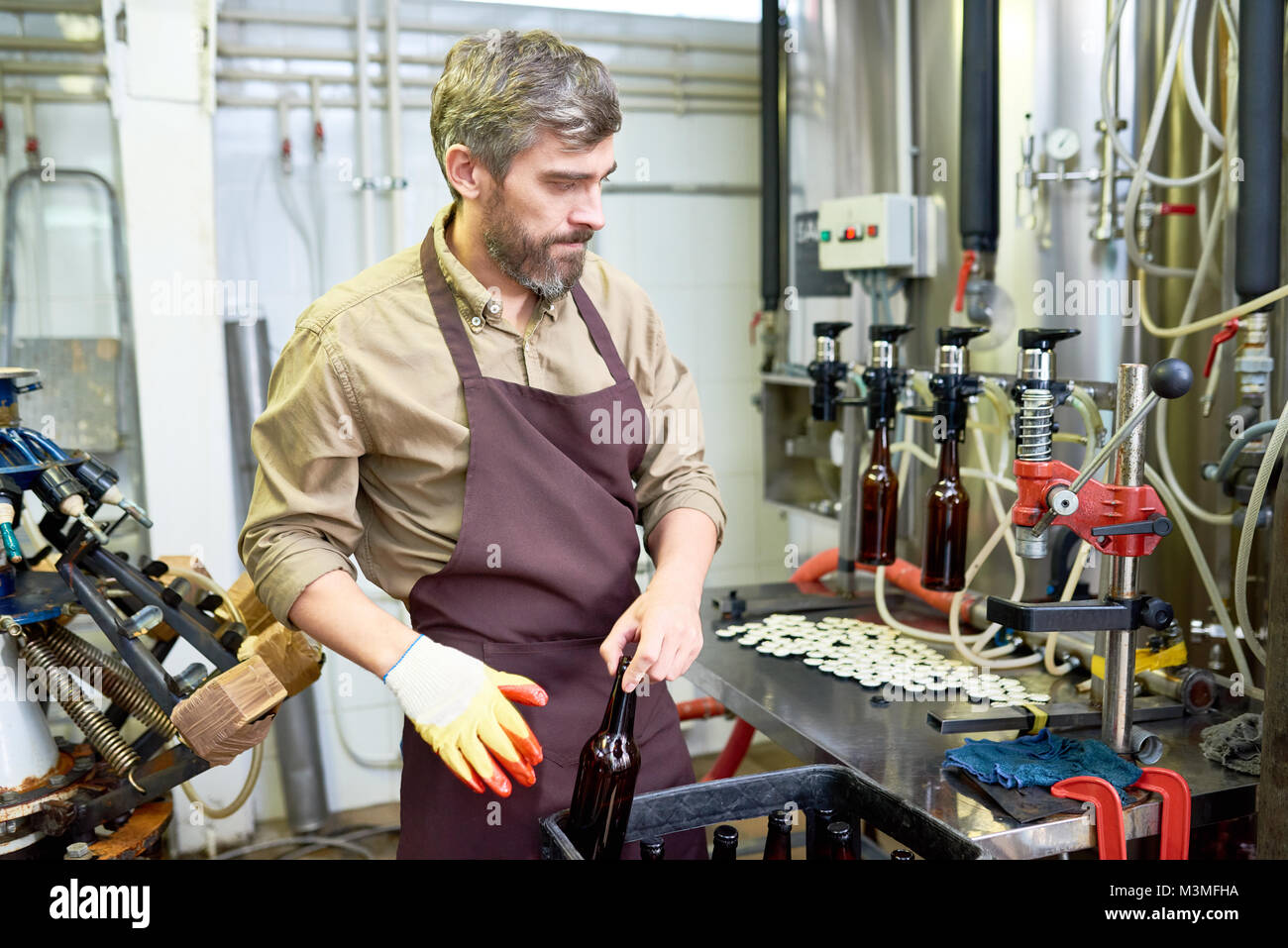 Confident beer factory worker putting bottles in box Stock Photo - Alamy