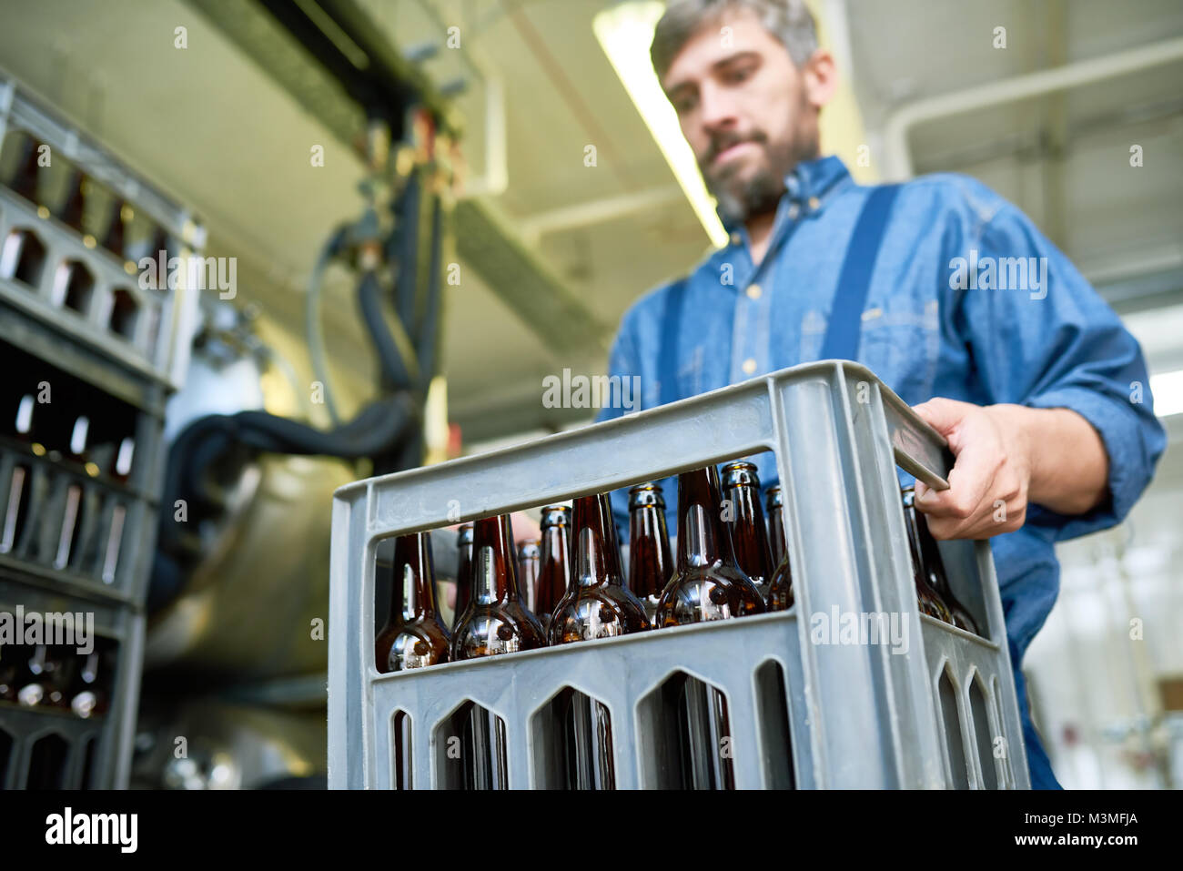 Busy male mover transporting box with beer bottles from plant Stock ...
