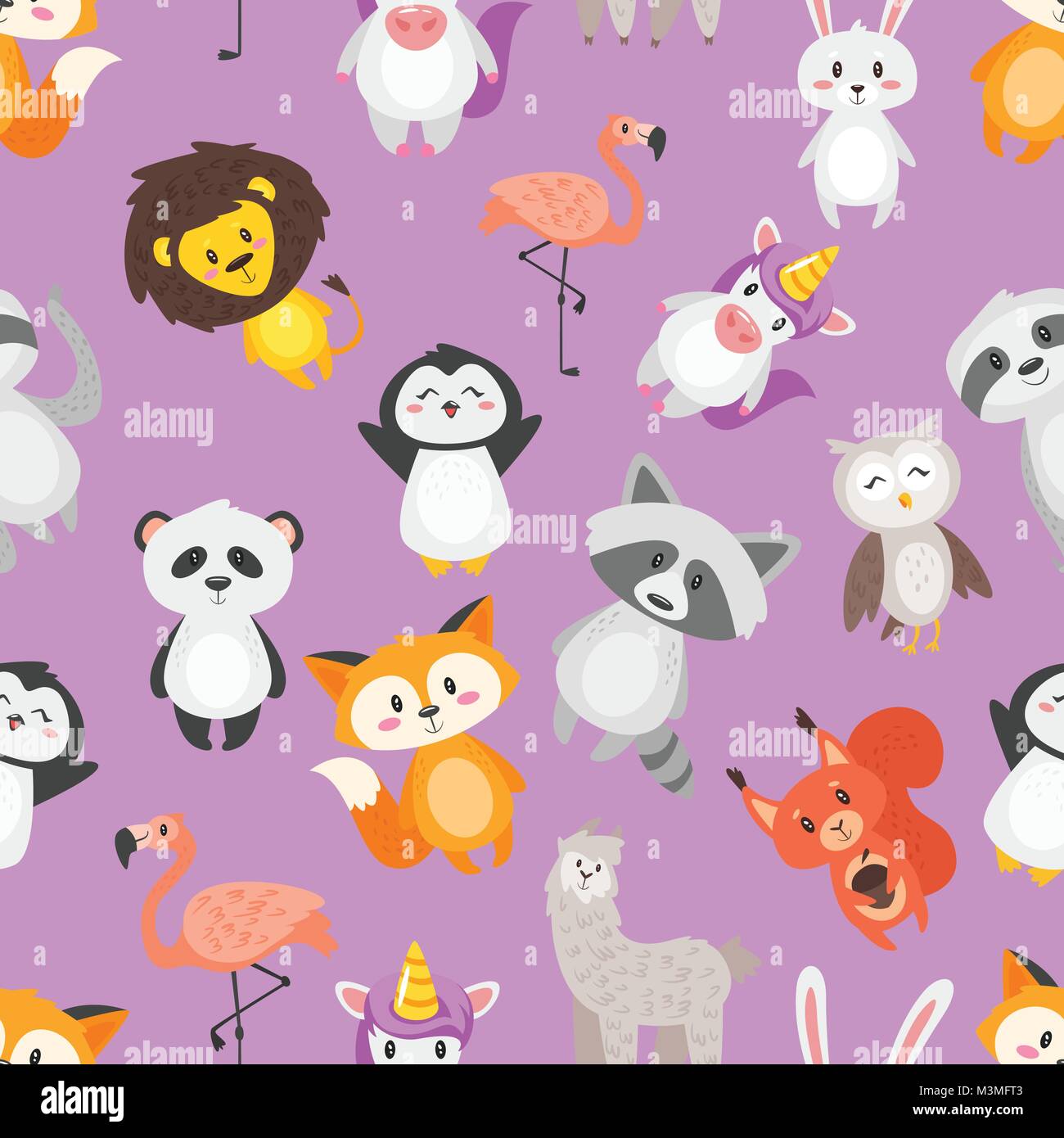 Vector cartoon style seamless pattern with cute animals on purple ...