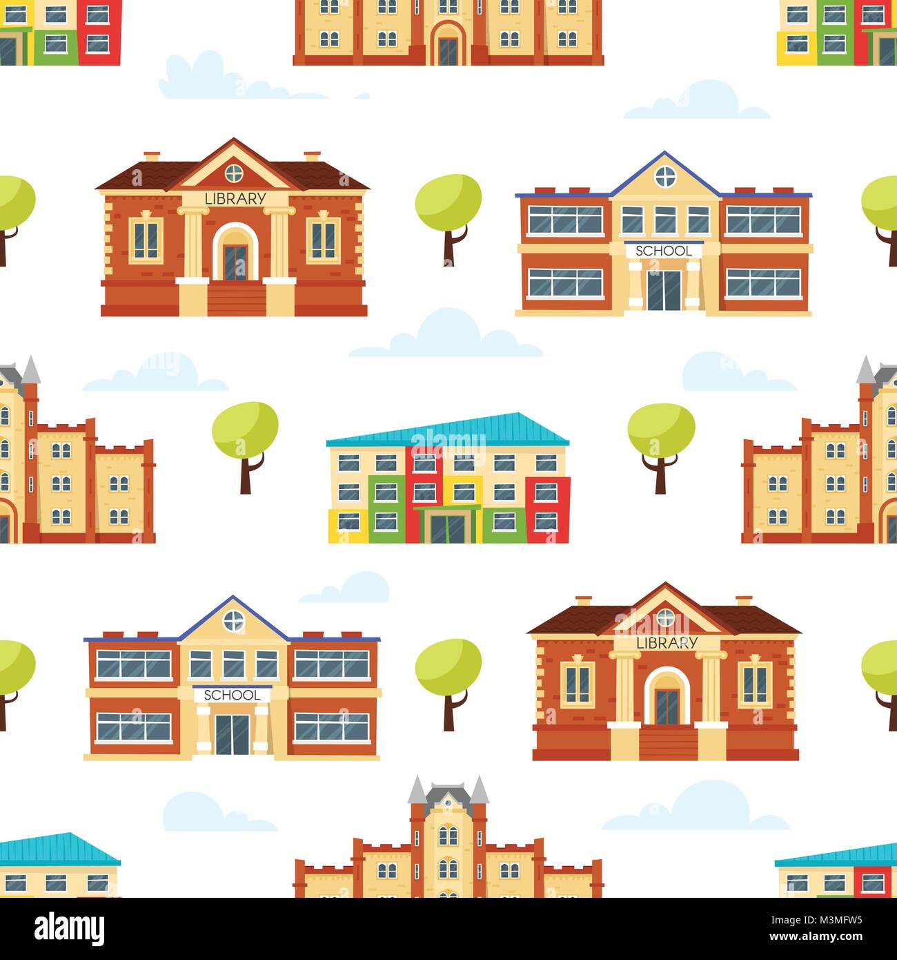 Vector cartoon style seamless pattern with educational buildings ...