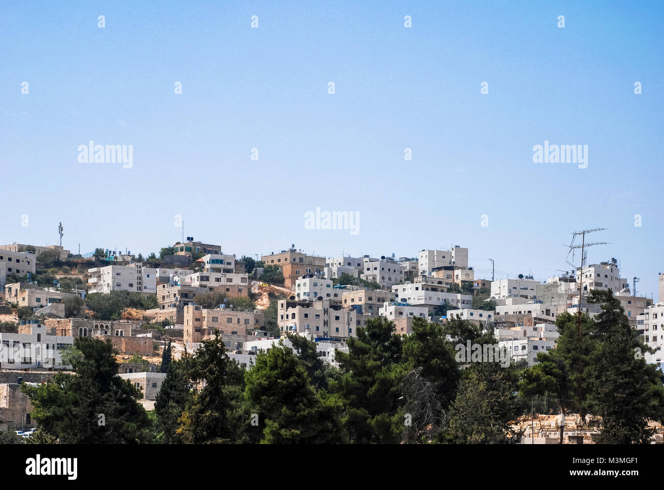 Horizontal picture of buildings and trees on the hills of Hebron ...