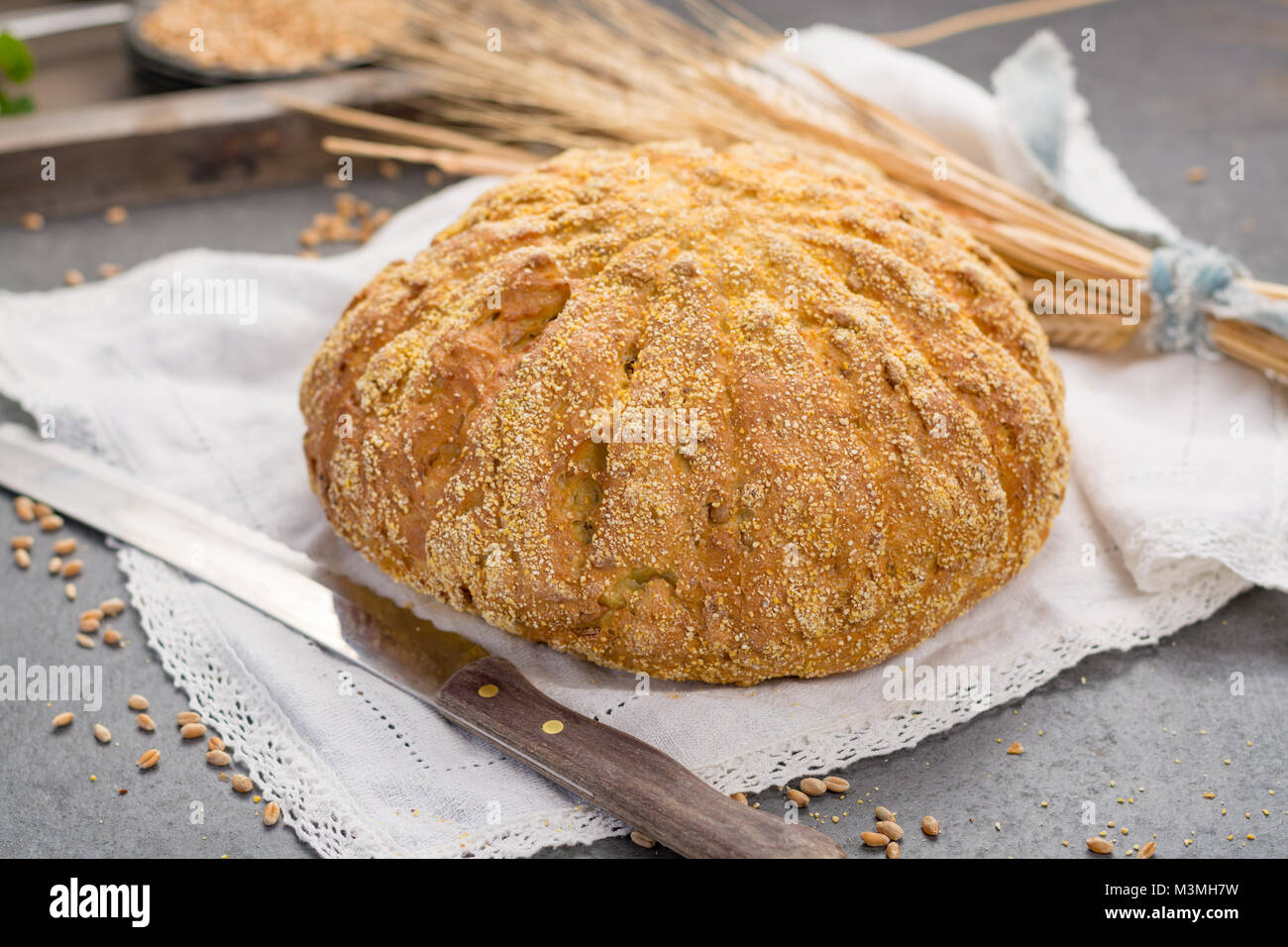 Homemade baked round bread with organic corn and wheat rustic style ...