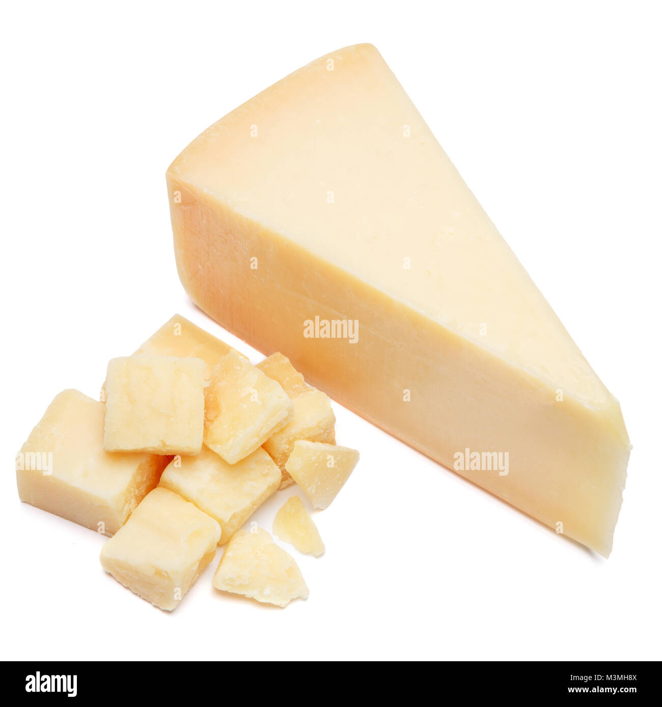 Piece of parmesan cheese on white background Stock Photo - Alamy