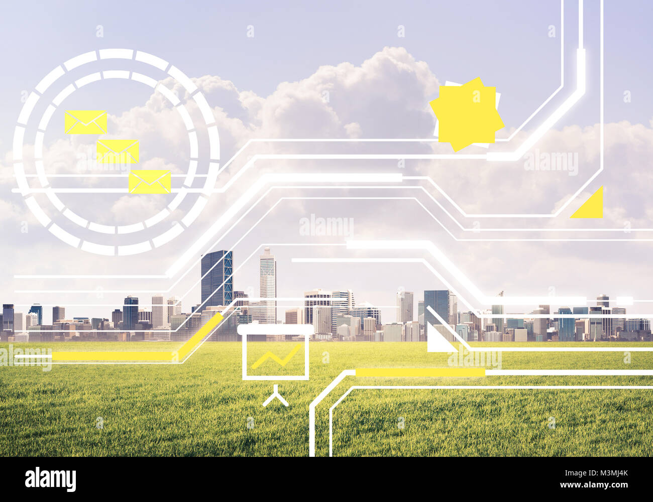 Natural background with modern cityscape green field and media i Stock ...