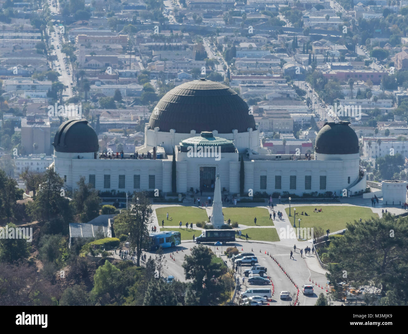 Aerial view of Griffith Observatory and Los Angeles downtown in a sunny ...