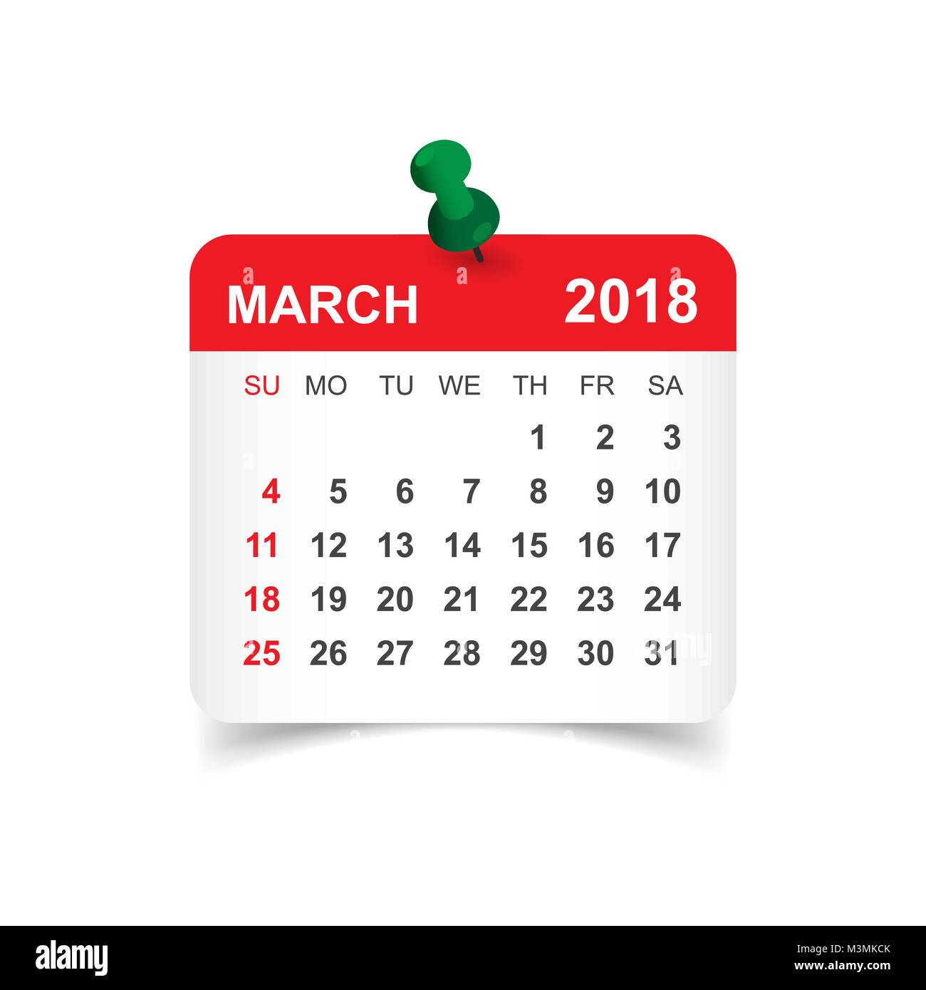 March 2018 calendar. Calendar sticker design template. Week starts on ...