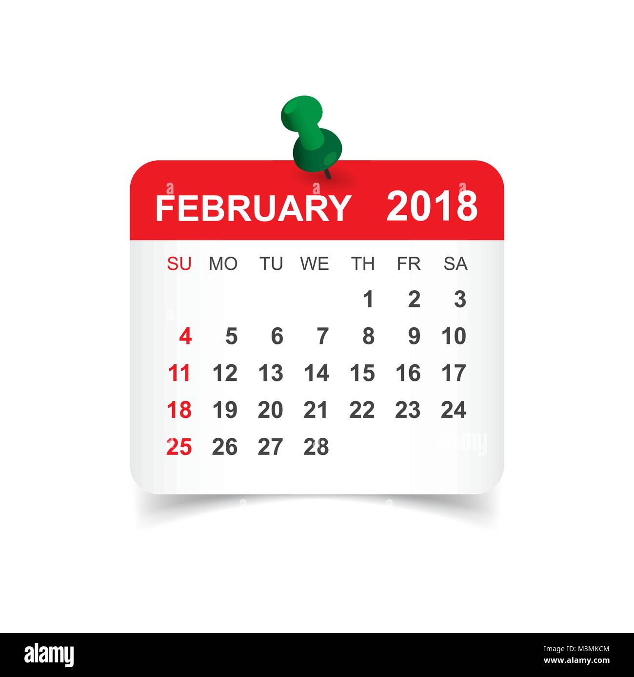 February 2018 calendar. Calendar sticker design template. Week starts ...