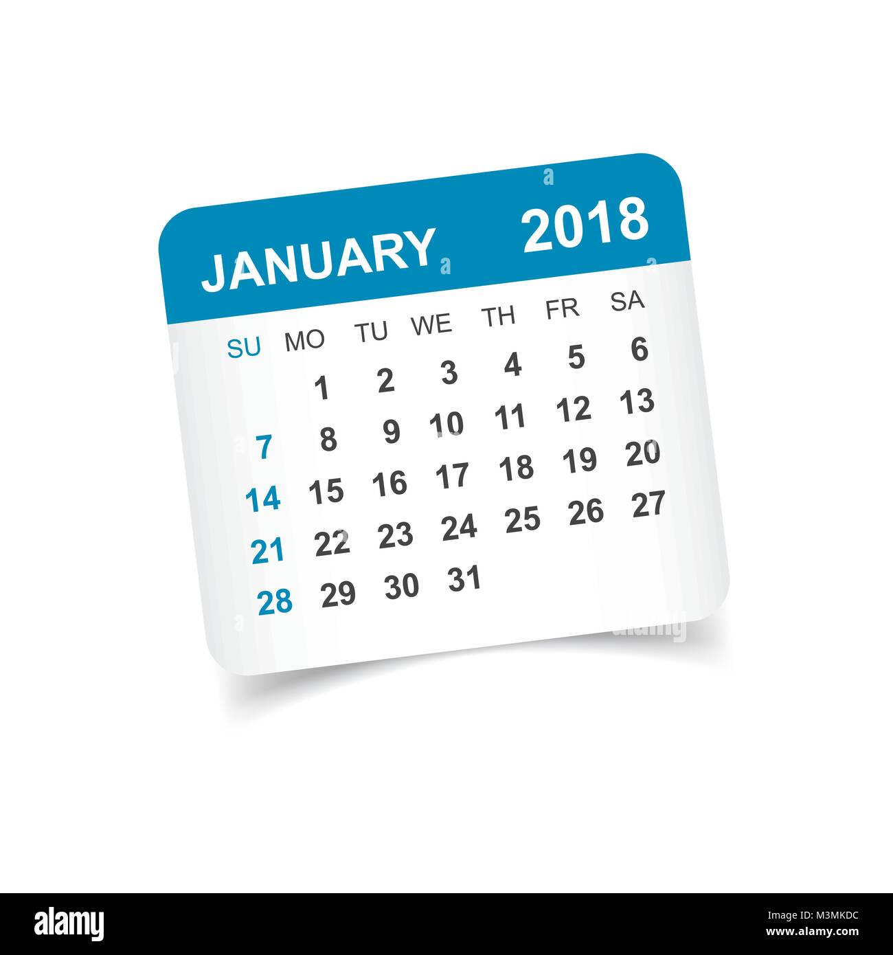 January 2018 calendar. Calendar sticker design template. Week starts on ...