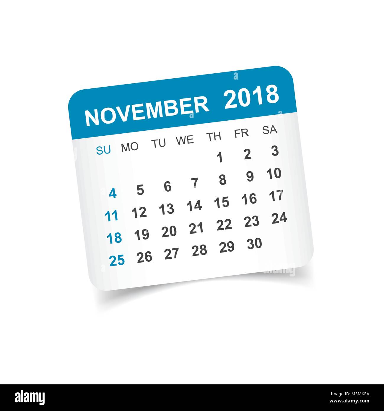 November 2018 calendar. Calendar sticker design template. Week starts ...