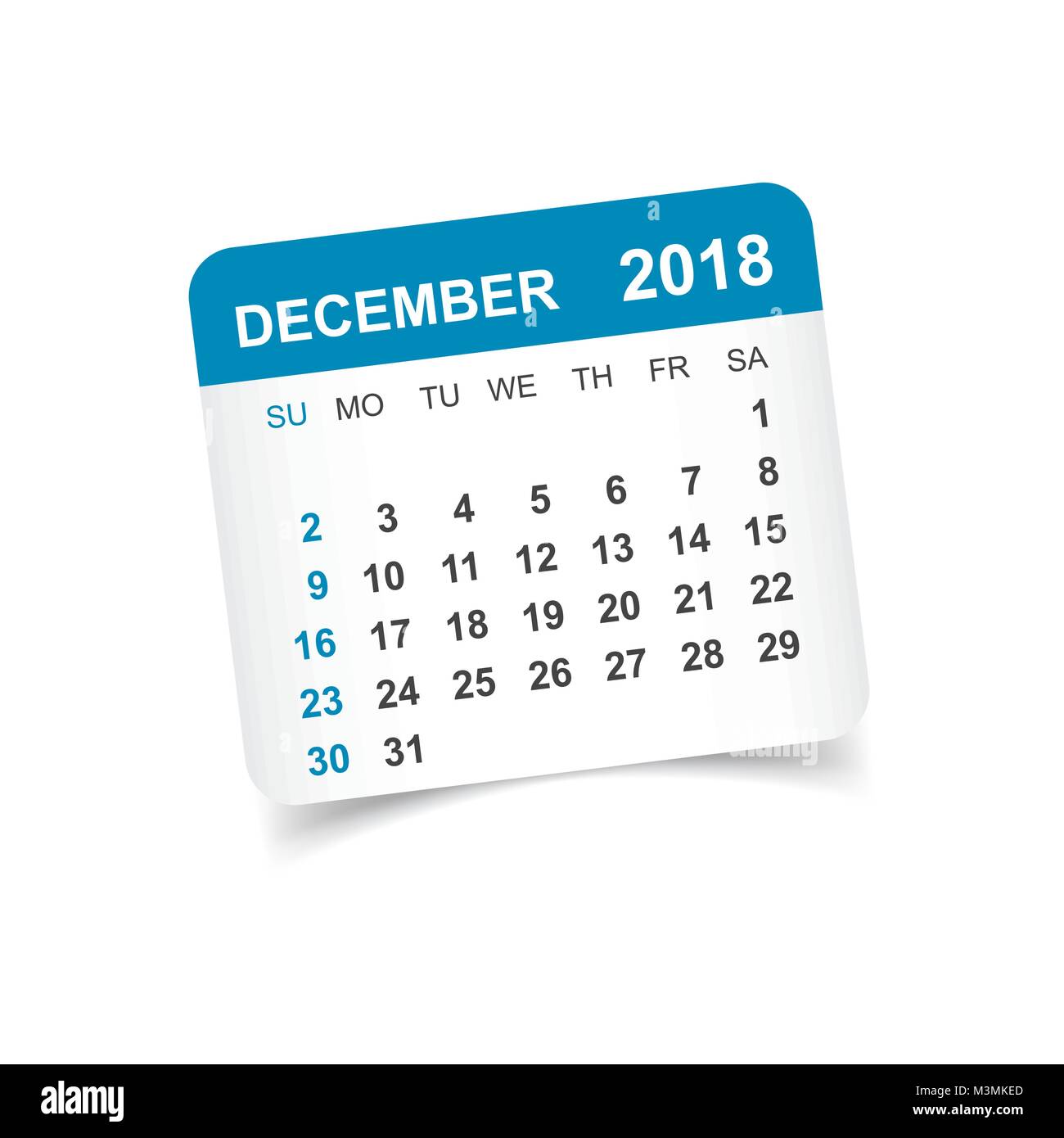 December 2018 calendar. Calendar sticker design template. Week starts ...
