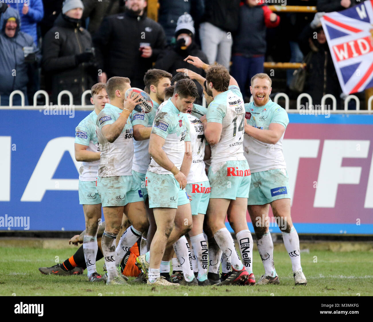 Widnes Vikings celebrate after scoring a try during the Betfred Super ...