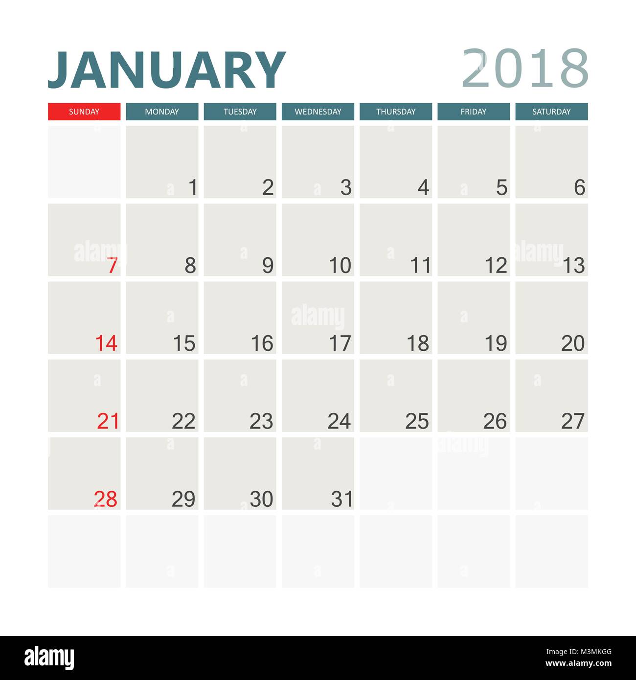 January 2018 calendar. Calendar planner design template. Week starts on ...