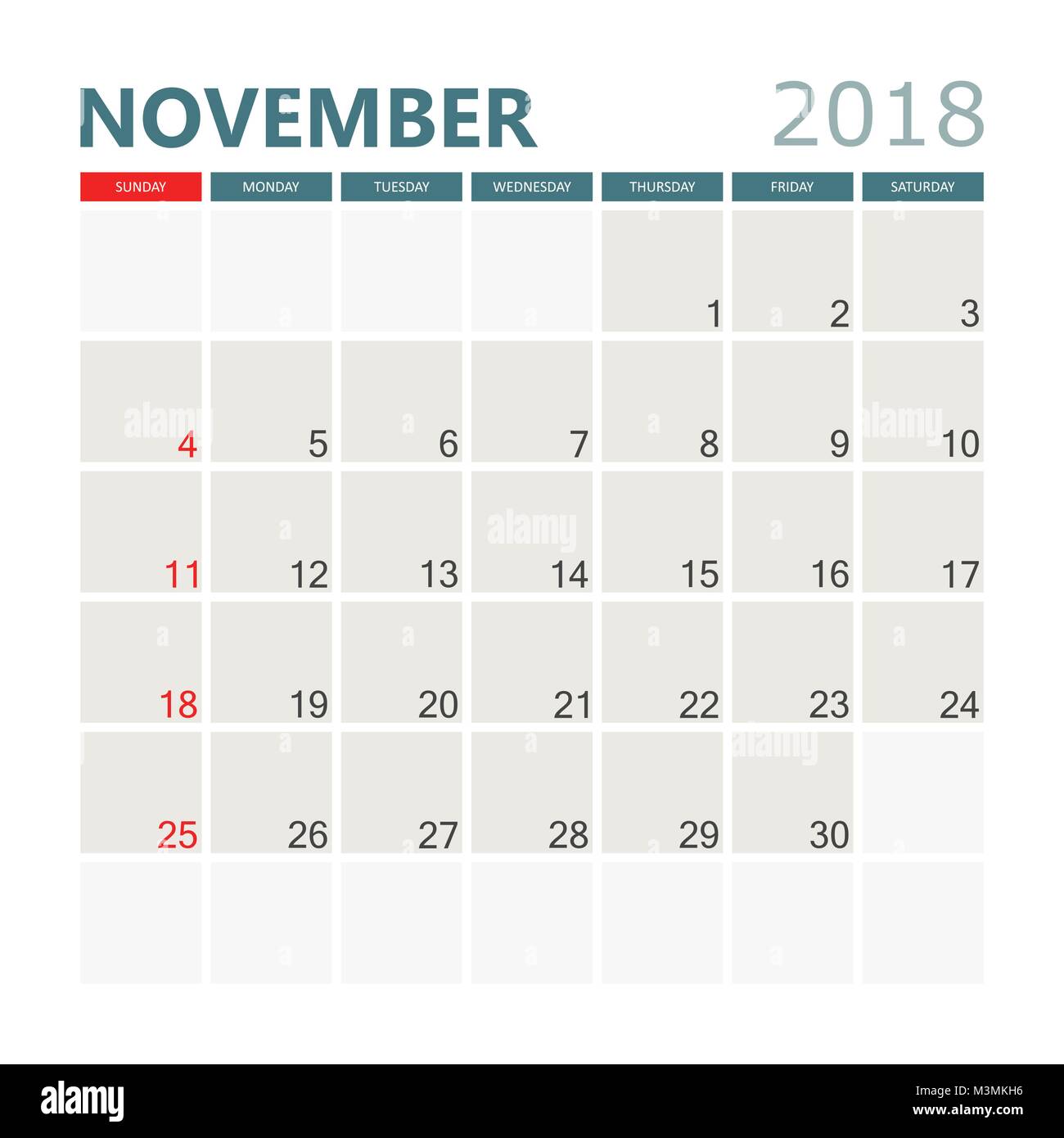 November 2018 calendar. Calendar planner design template. Week starts ...