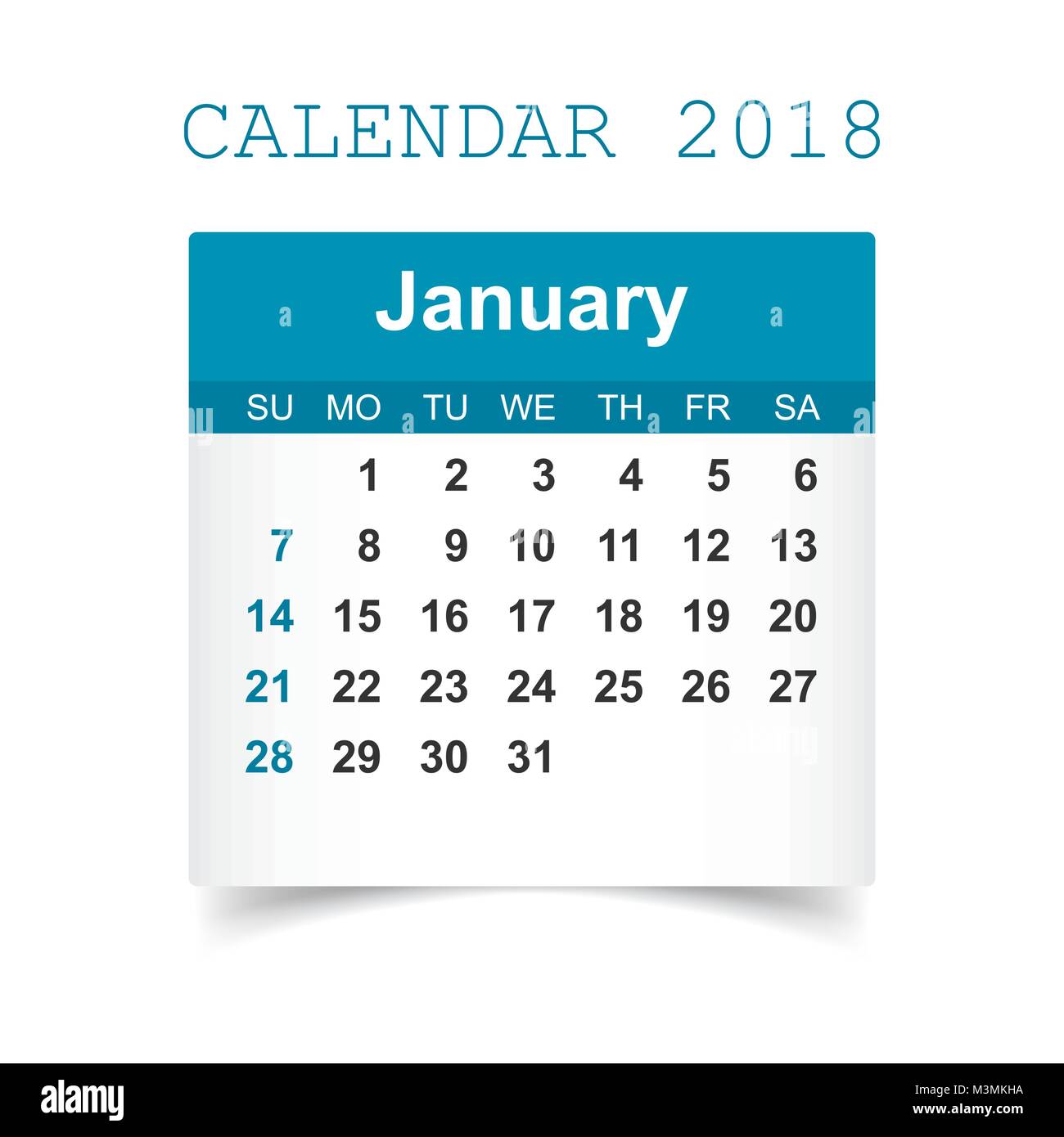 January 2018 calendar. Calendar sticker design template. Week starts on ...