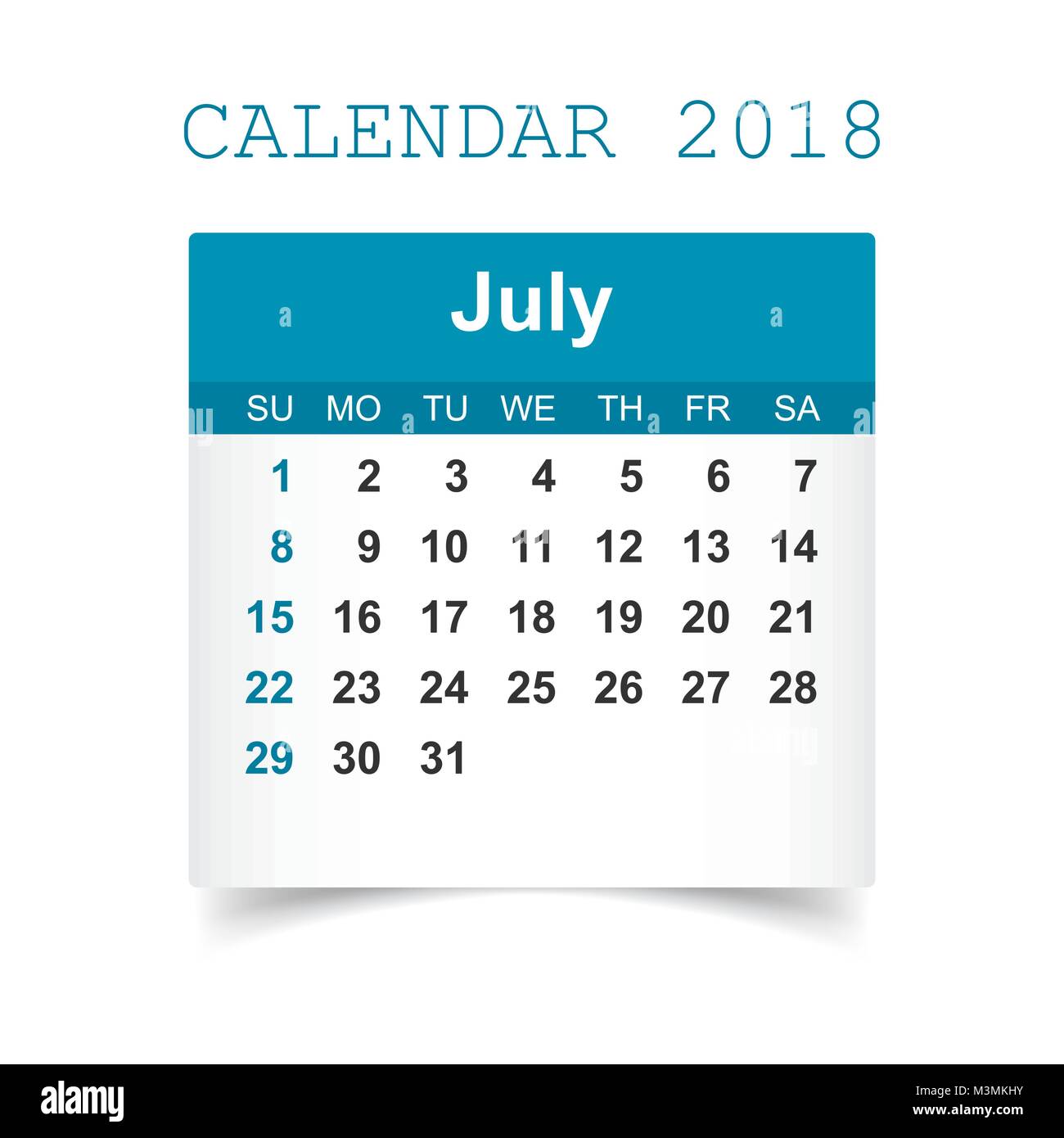 July 2018 calendar. Calendar sticker design template. Week starts on ...