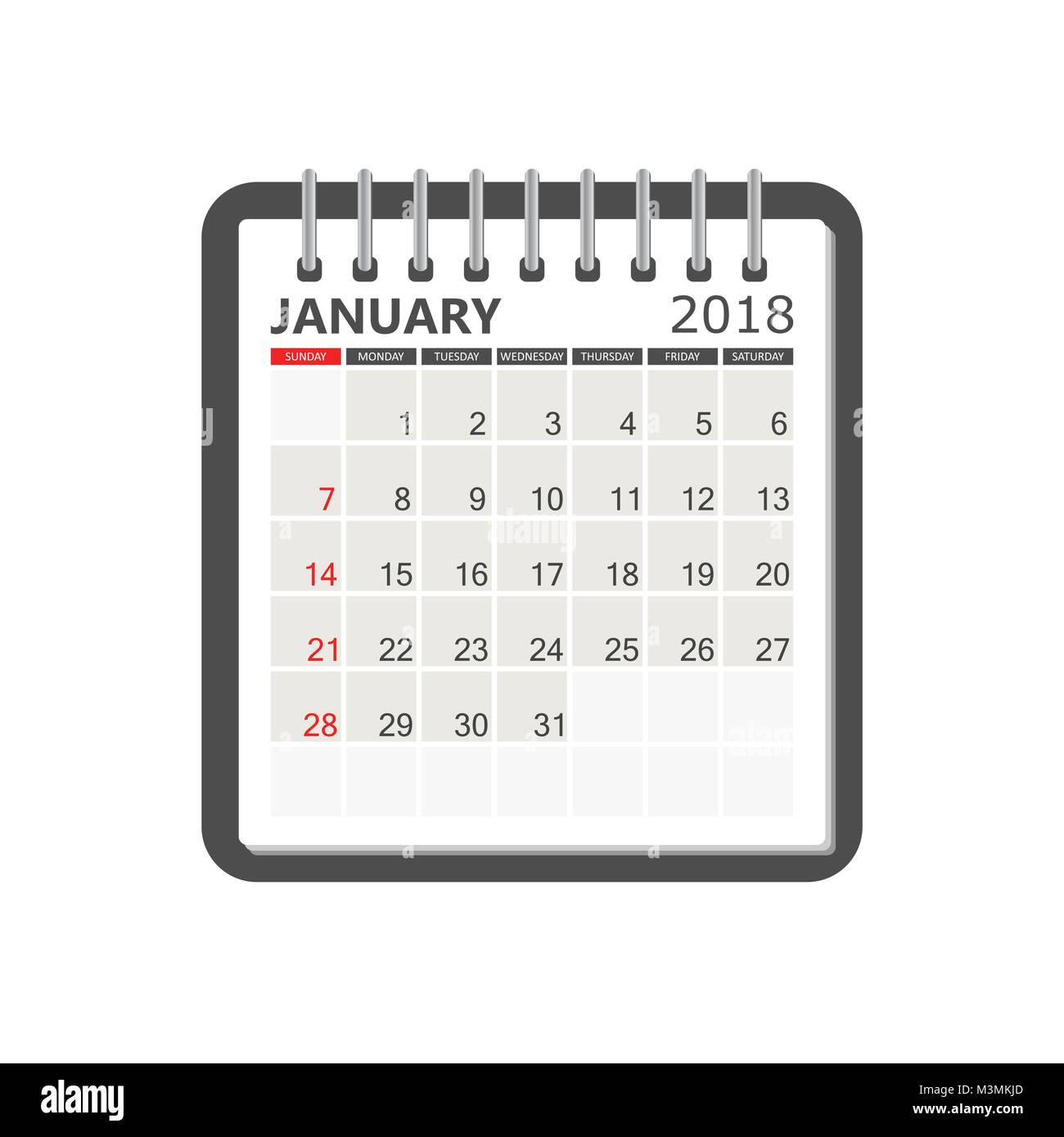 January 2018 calendar. Calendar notebook page template. Week starts on ...