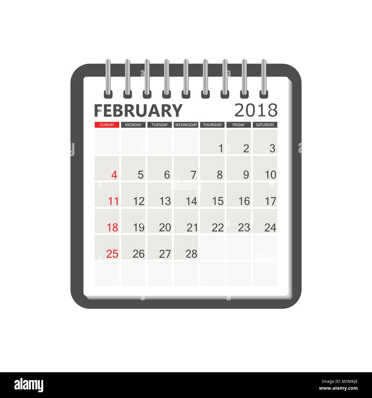 February 2018 calendar. Calendar notebook page template. Week starts on ...