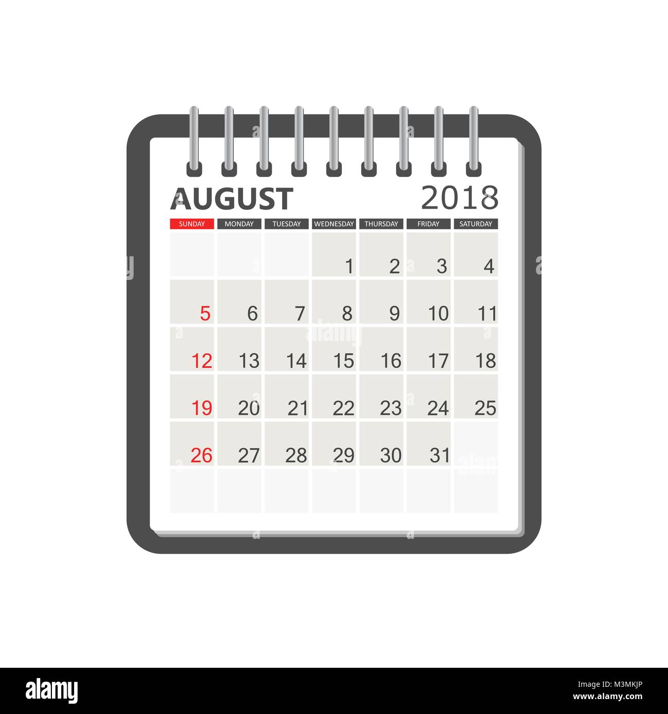 August 2018 calendar. Calendar notebook page template. Week starts on ...