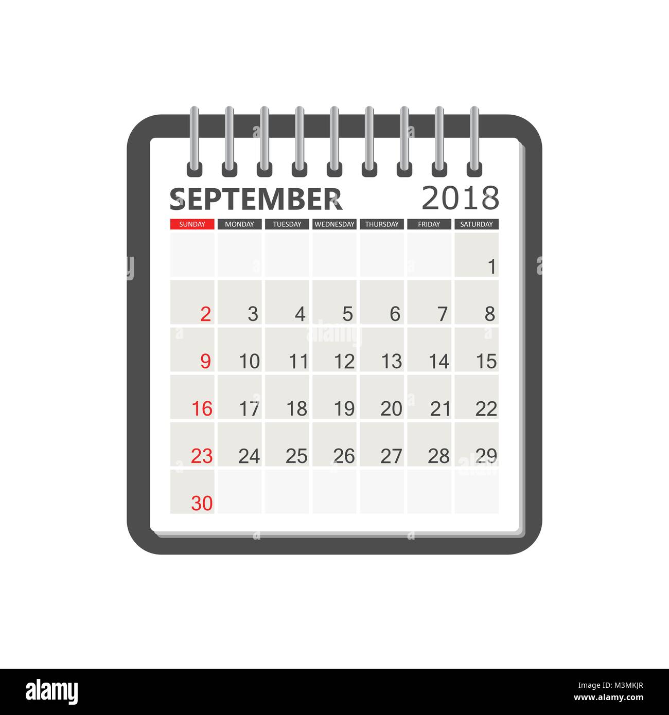 September 2018 calendar. Calendar notebook page template. Week starts ...