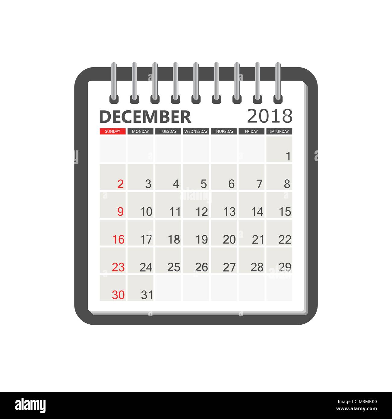 December 2018 calendar. Calendar notebook page template. Week starts on ...