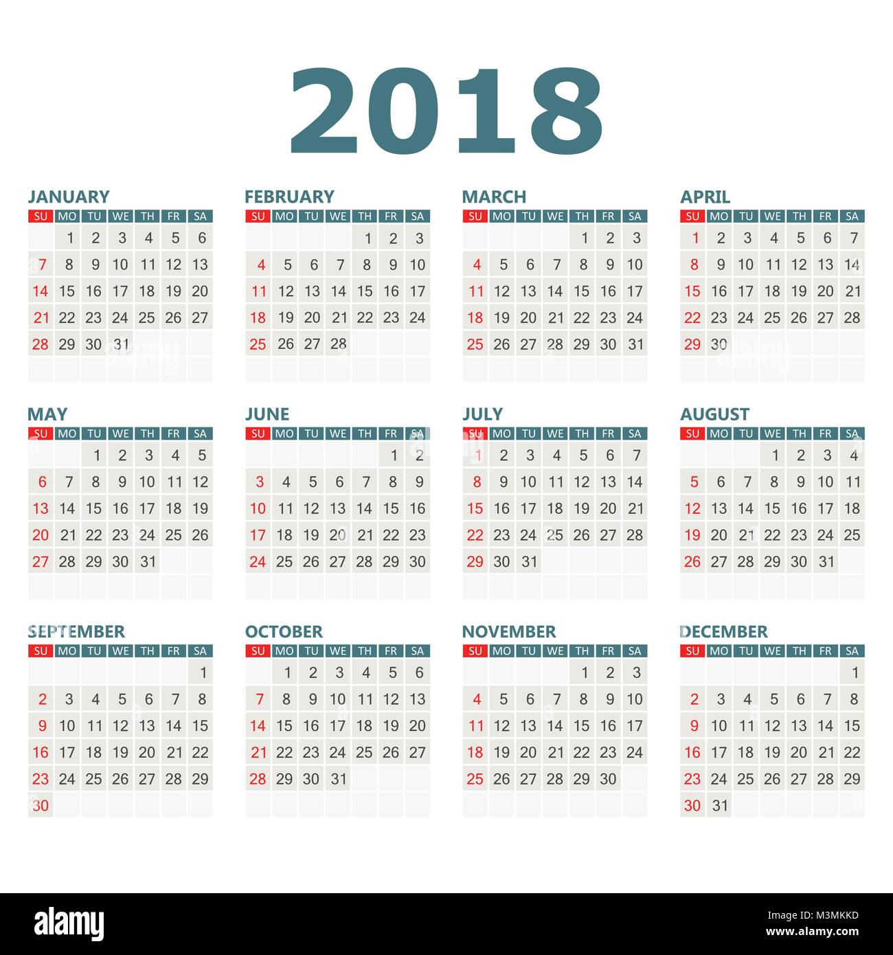 Calendar 2018 year in simple style. Calendar planner design template ...