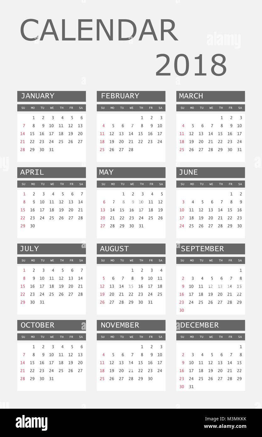 Calendar 2018 year in simple style. Calendar planner design template ...