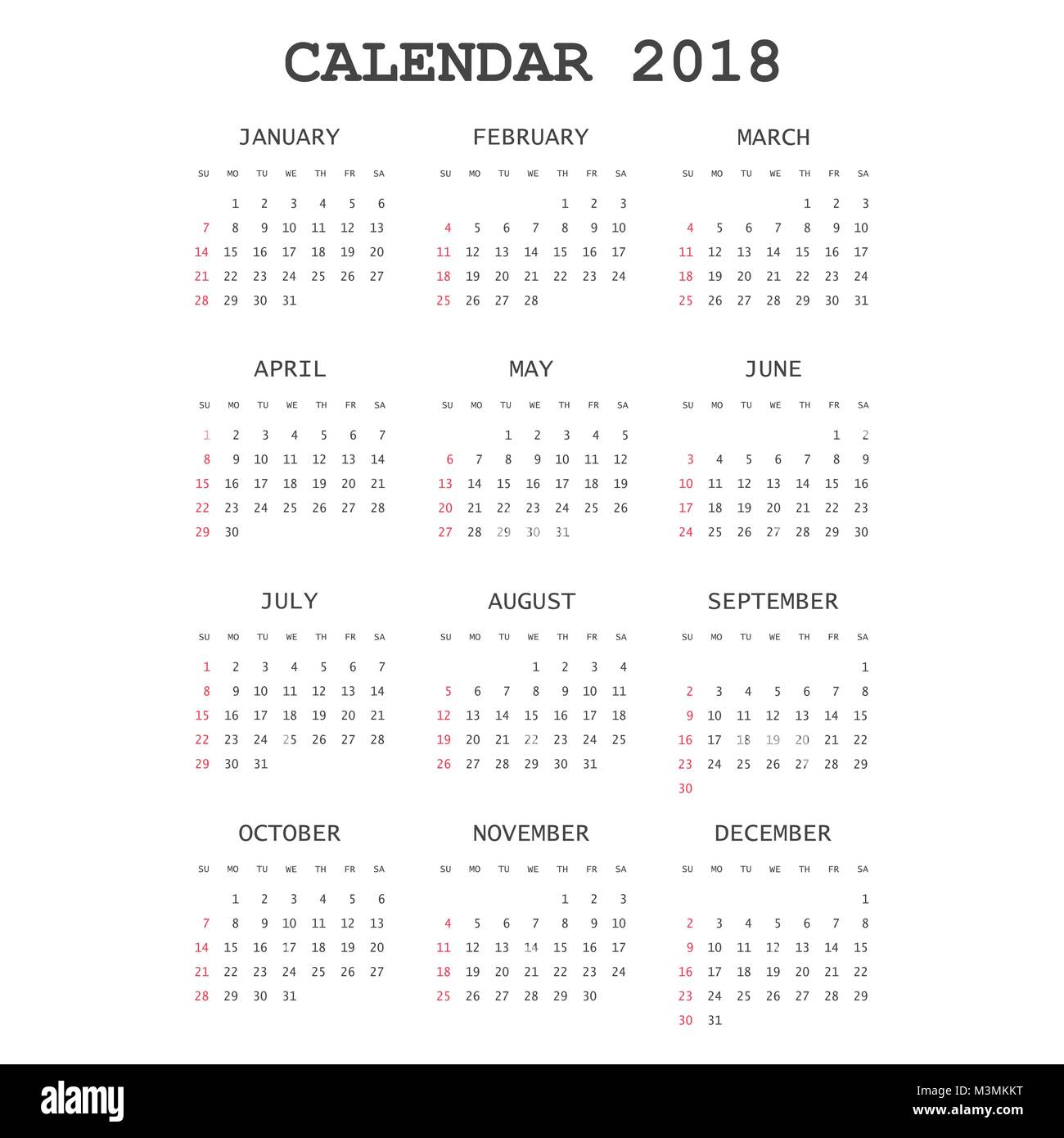 Calendar 2018 year in simple style. Calendar planner design template ...
