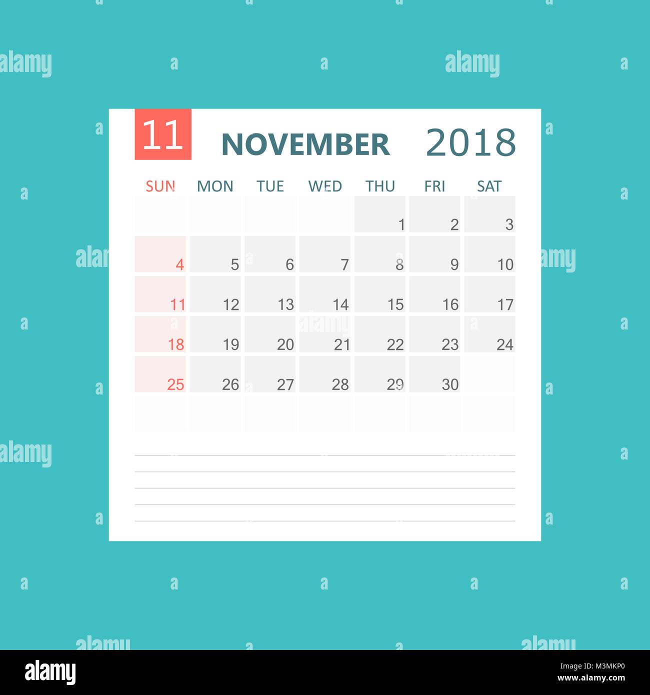 November 2018 calendar. Calendar planner design template. Week starts ...