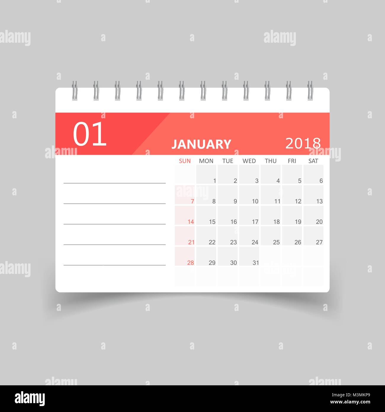 January 2018 calendar. Calendar planner design template. Week starts on ...