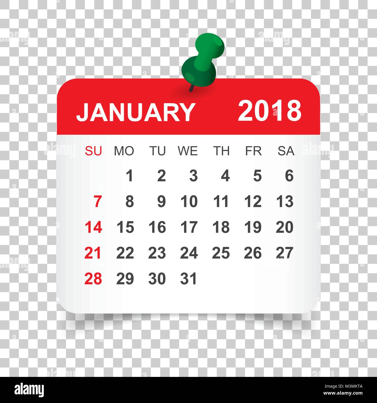 January 2018 calendar. Calendar sticker design template. Week starts on ...