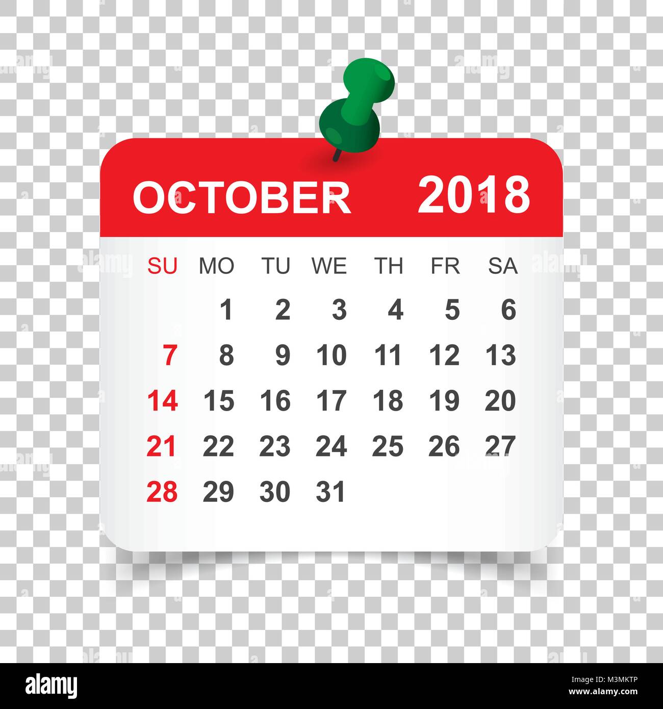 October 2018 calendar. Calendar sticker design template. Week starts on ...