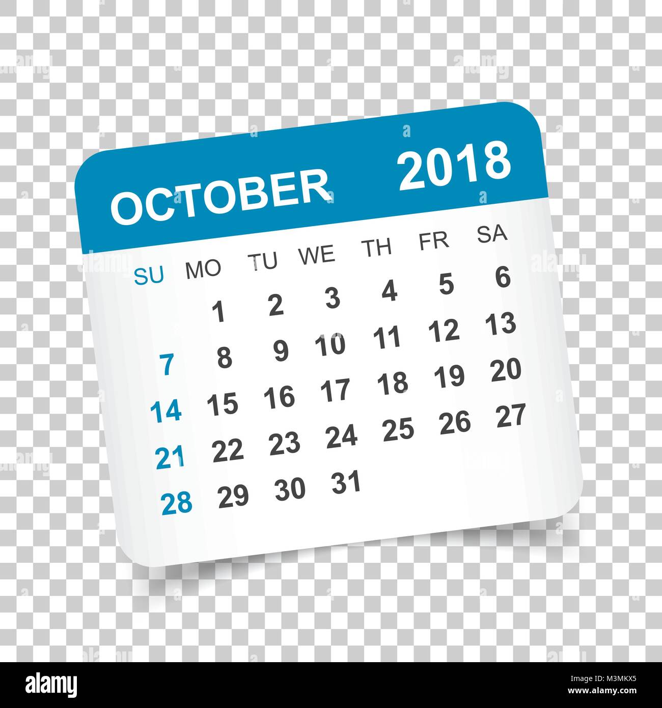 October 2018 calendar. Calendar sticker design template. Week starts on ...